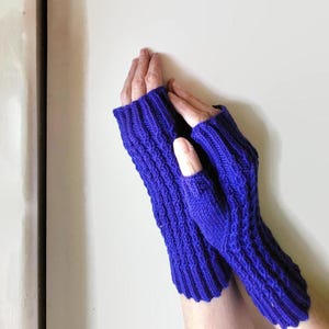 Dark Blue Mittens, Cable Knit, Fingerless Driving Mitts, Woolen ...