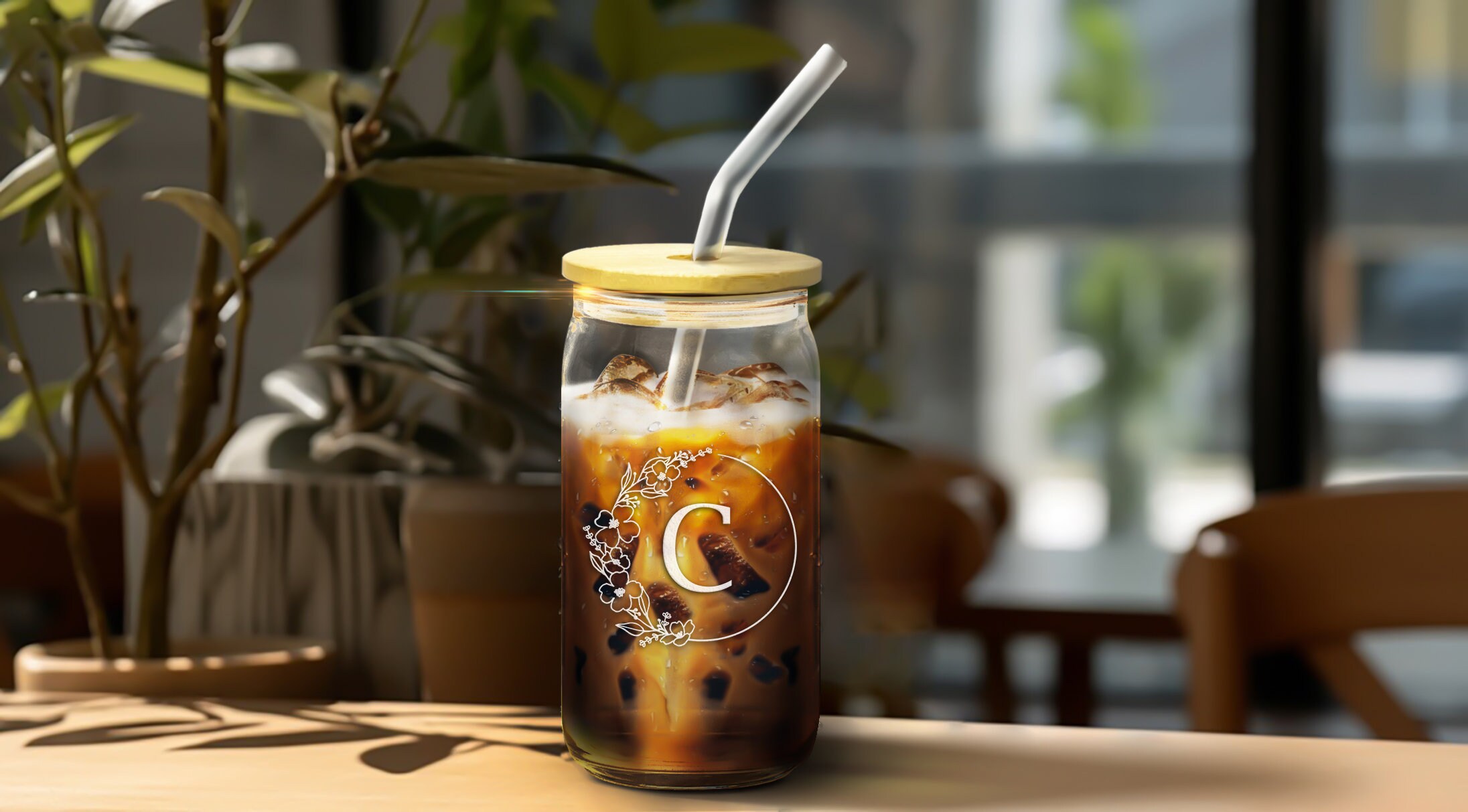 Personalized Iced Coffee Glass With Lid/straw, Floral Circle, Birthday ...