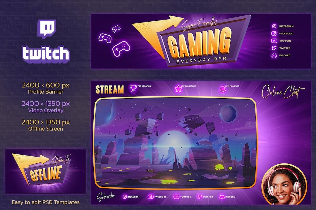 Twitch Gamer Overlay, Editable Twitch Alerts, Banners, Screens, Live ...