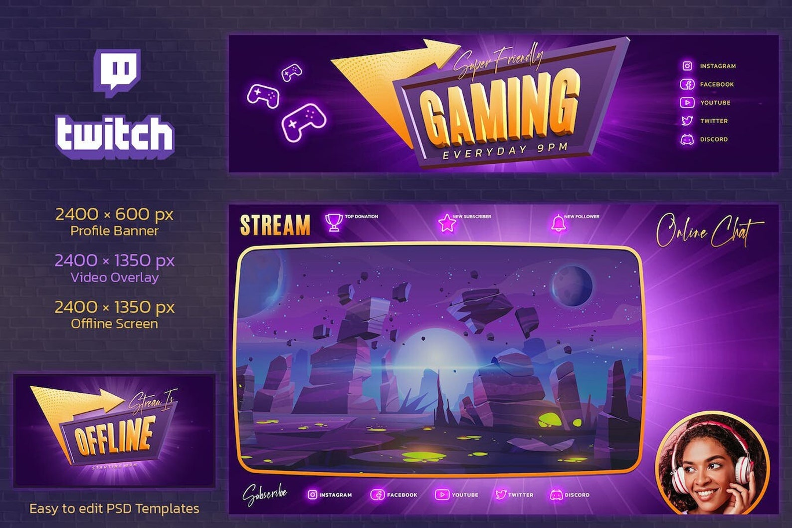 Twitch Gamer Overlay, Editable Twitch Alerts, Banners, Screens, Live ...