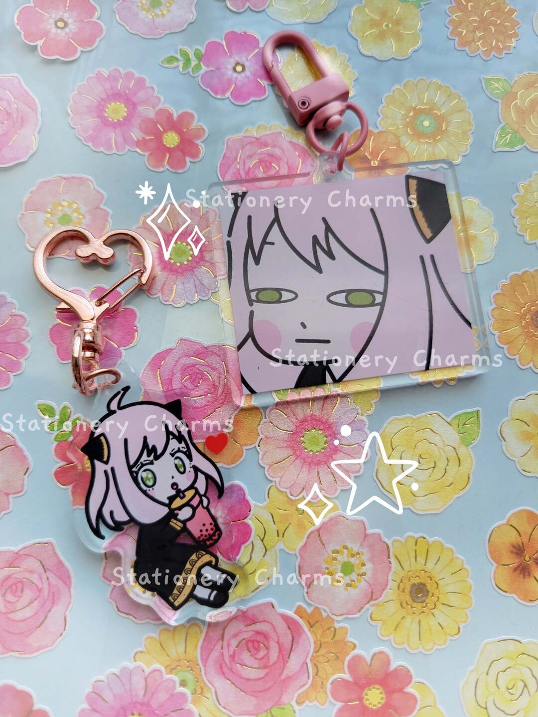 Anya Drinking Boba Tea and Funny Face Acrylic Keychains double Sided ...