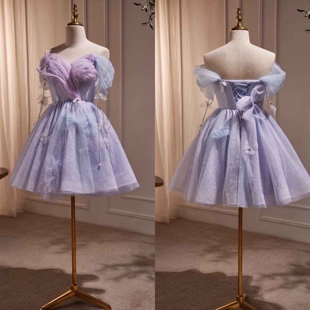 Off-shoulder Fairy Purple Short Wedding Prom Dress W Butterfly ...