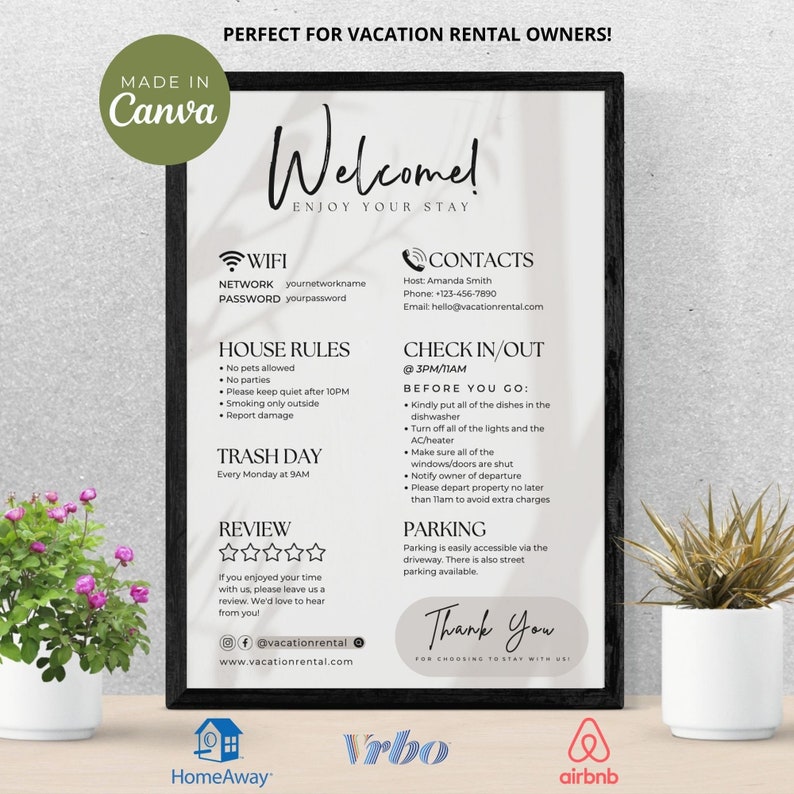 Airbnb Welcome Sign, Vacation Rental Printable, Editable Template ...