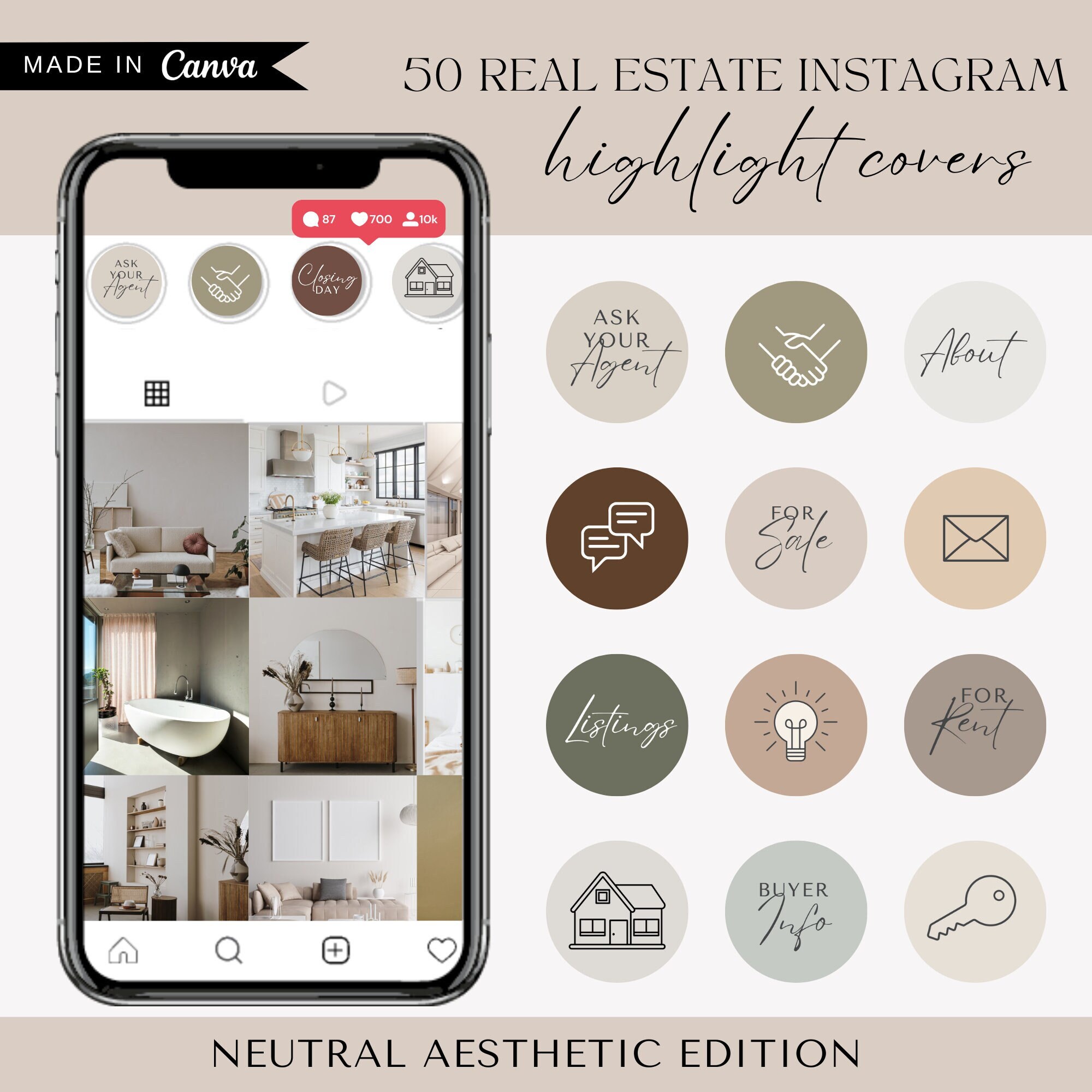50 Real Estate Instagram Highlights, Realtor Highlight Covers, Neutral ...