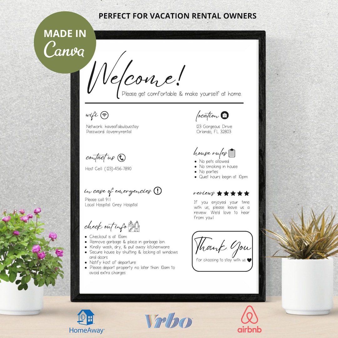 Airbnb Welcome Sign | Vacation Rental Printable | Canva Template | VRBO ...