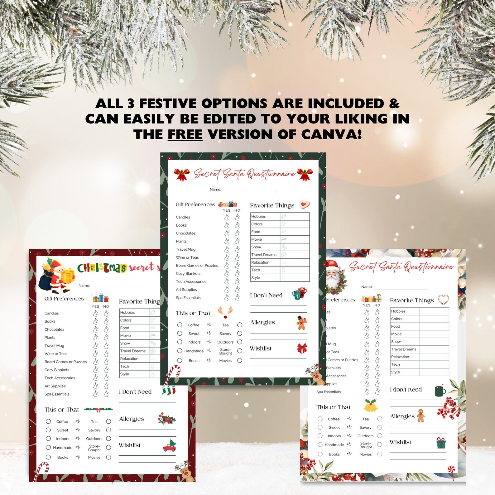 PRINTABLE Secret Santa Gift Exchange Questionnaire, Holiday Gift ...