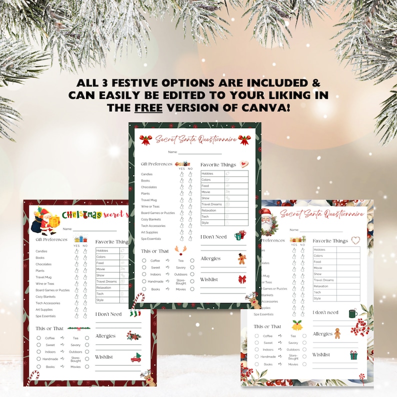 PRINTABLE Secret Santa Gift Exchange Questionnaire, Holiday Gift ...