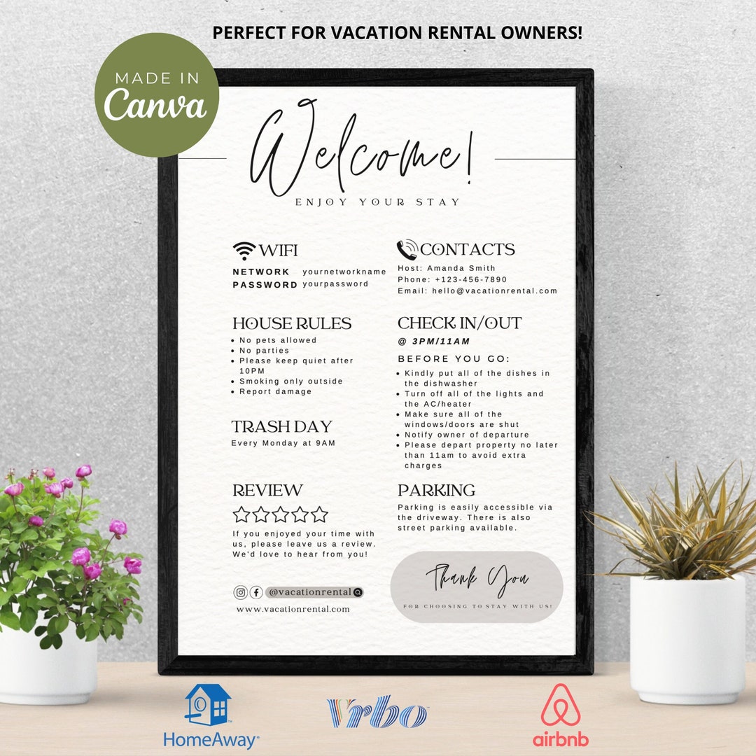Airbnb Welcome Sign, Vacation Rental Printable, Editable Template ...