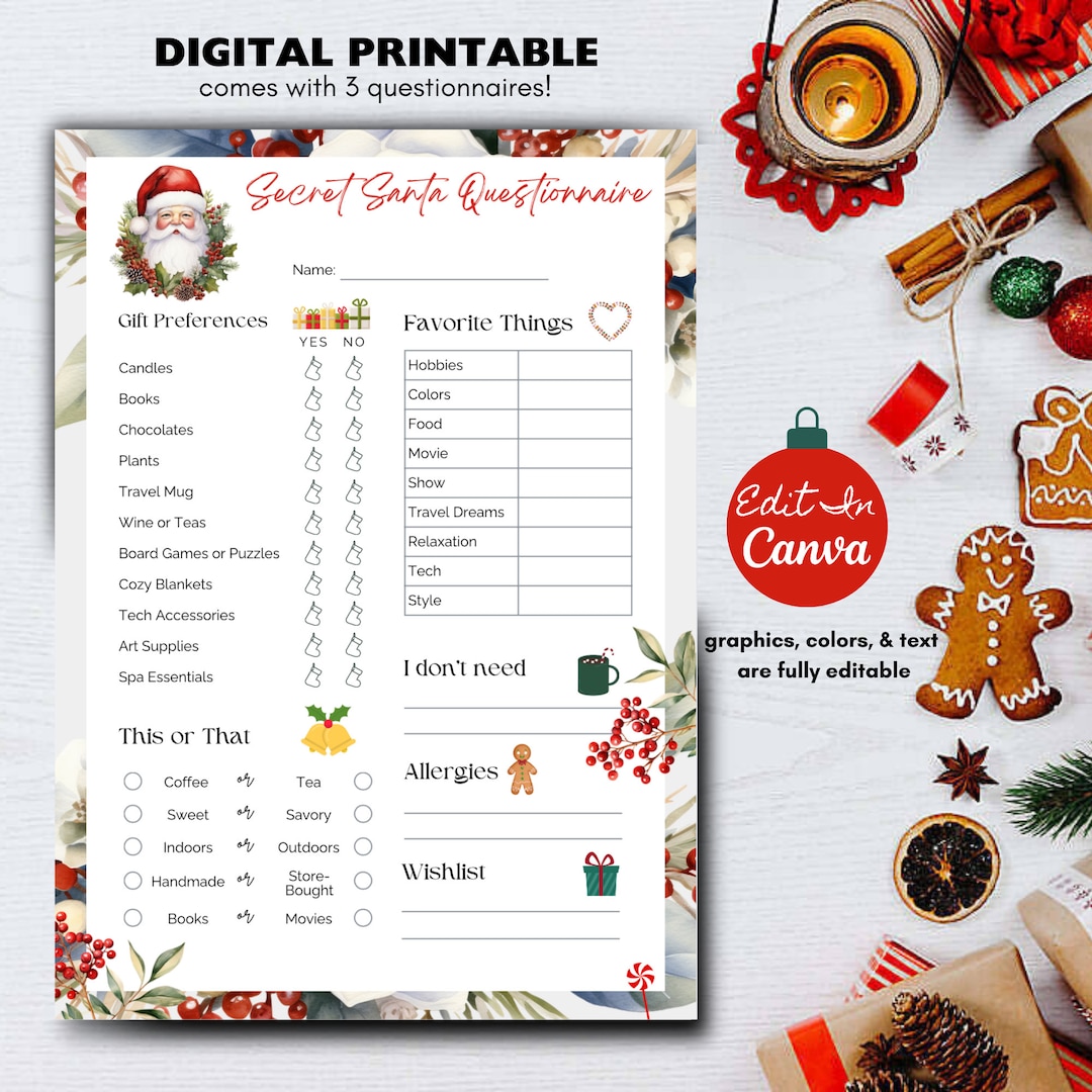 PRINTABLE Secret Santa Gift Exchange Questionnaire, Holiday Gift ...