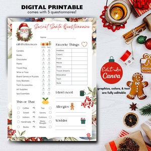 PRINTABLE Secret Santa Gift Exchange Questionnaire, Holiday Gift ...