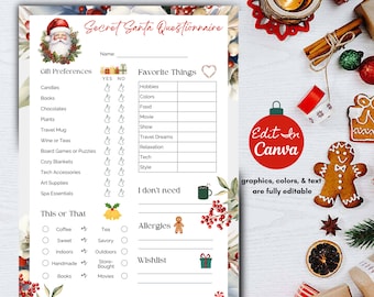 PRINTABLE Secret Santa Gift Exchange Questionnaire, Holiday Gift ...