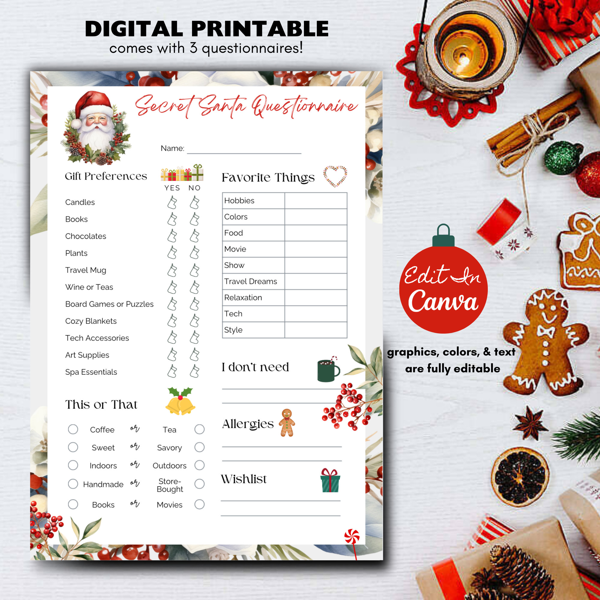 PRINTABLE Secret Santa Gift Exchange Questionnaire, Holiday Gift ...