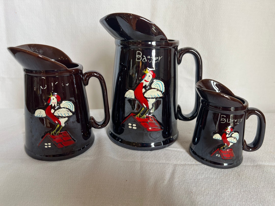 Redware Rooster Pancake Set, Brown Luster Ware Set, Vintage Redware ...