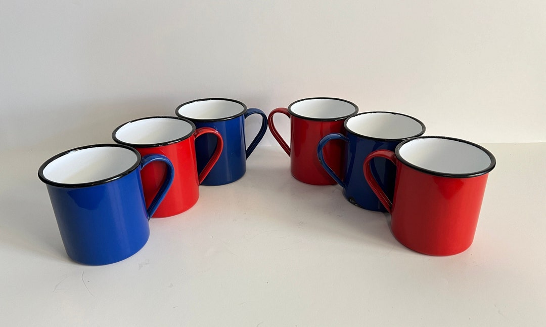 Vintage OTO Japan Enamel Ware Mug Set of 6, MCM Retro Red and Blue ...