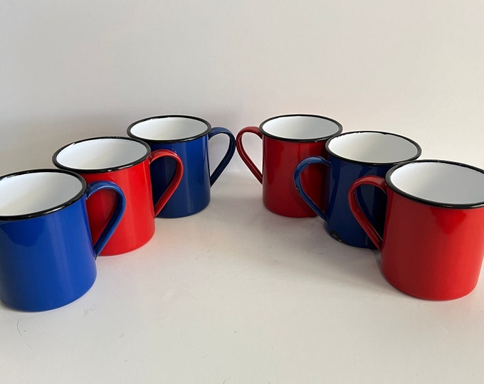 Vintage OTO Japan Enamel Ware Mug Set of 6, MCM Retro Red and Blue ...