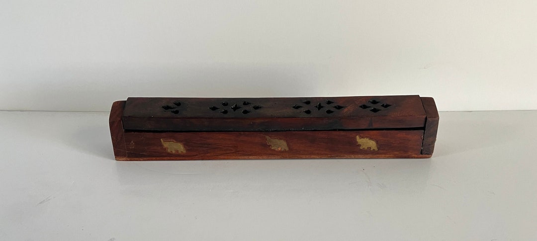 Handcrafted Wooden Incense Burner Box With Brass Elephant Design, India ...