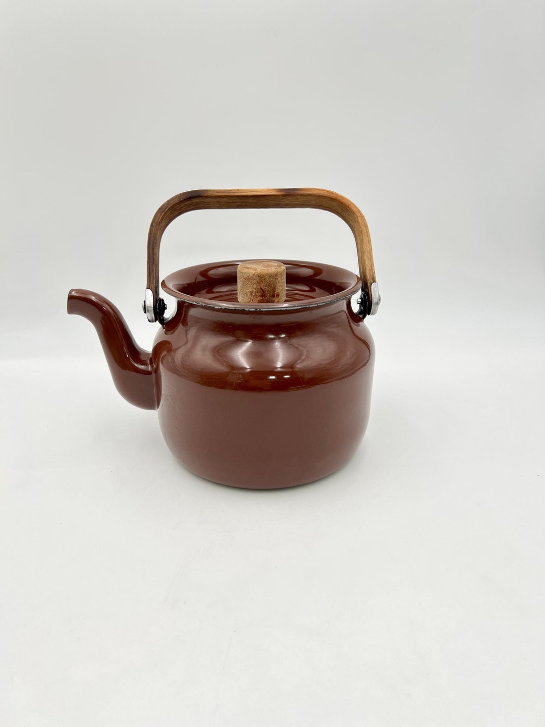 Mid Century Brown Enamel Copco Style Tea Kettle With Teak Handle and ...