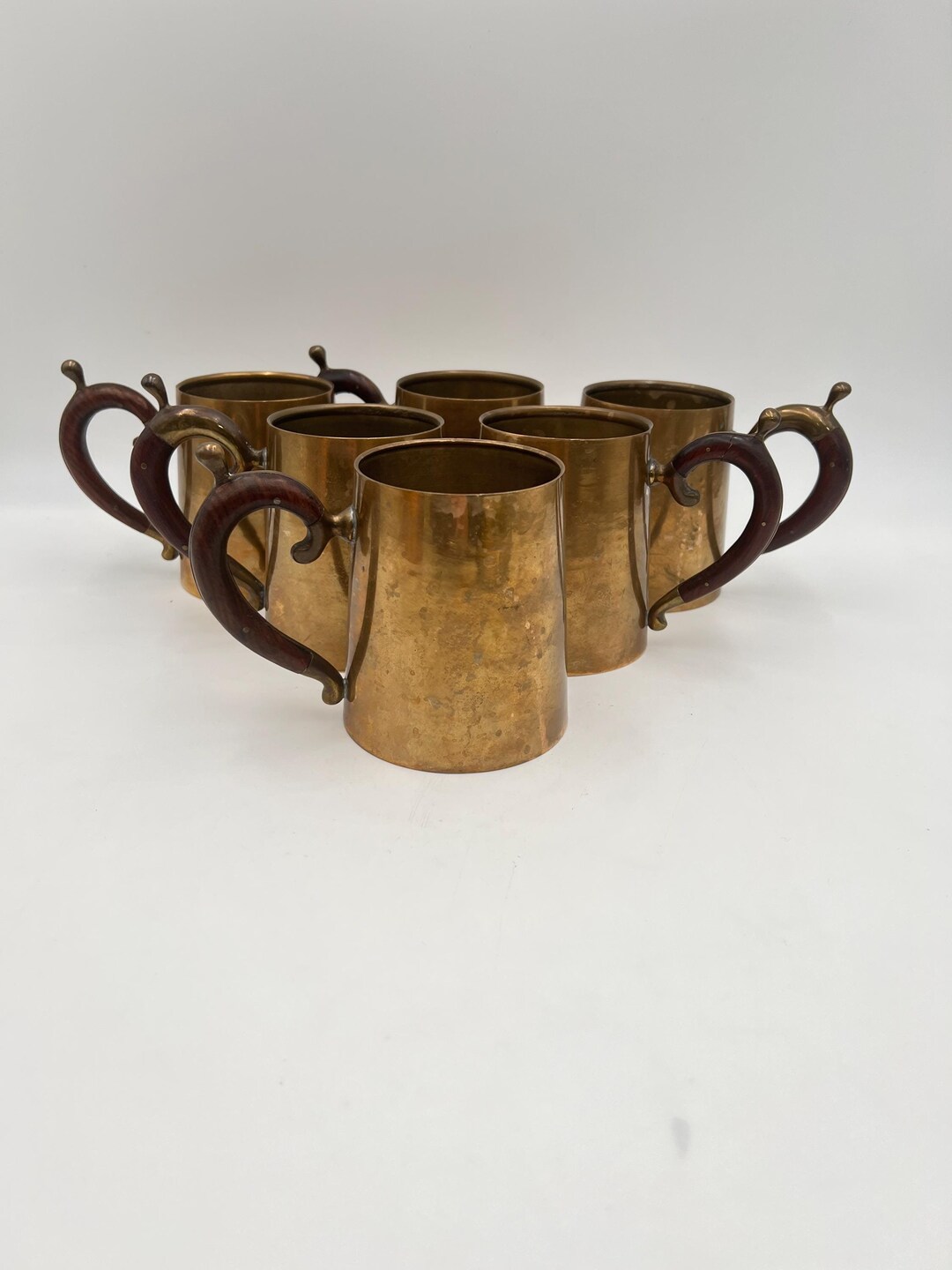 Mid Century Solid Brass and Teak Coffee Moscow Mule Mugs Set of 6, MCM ...