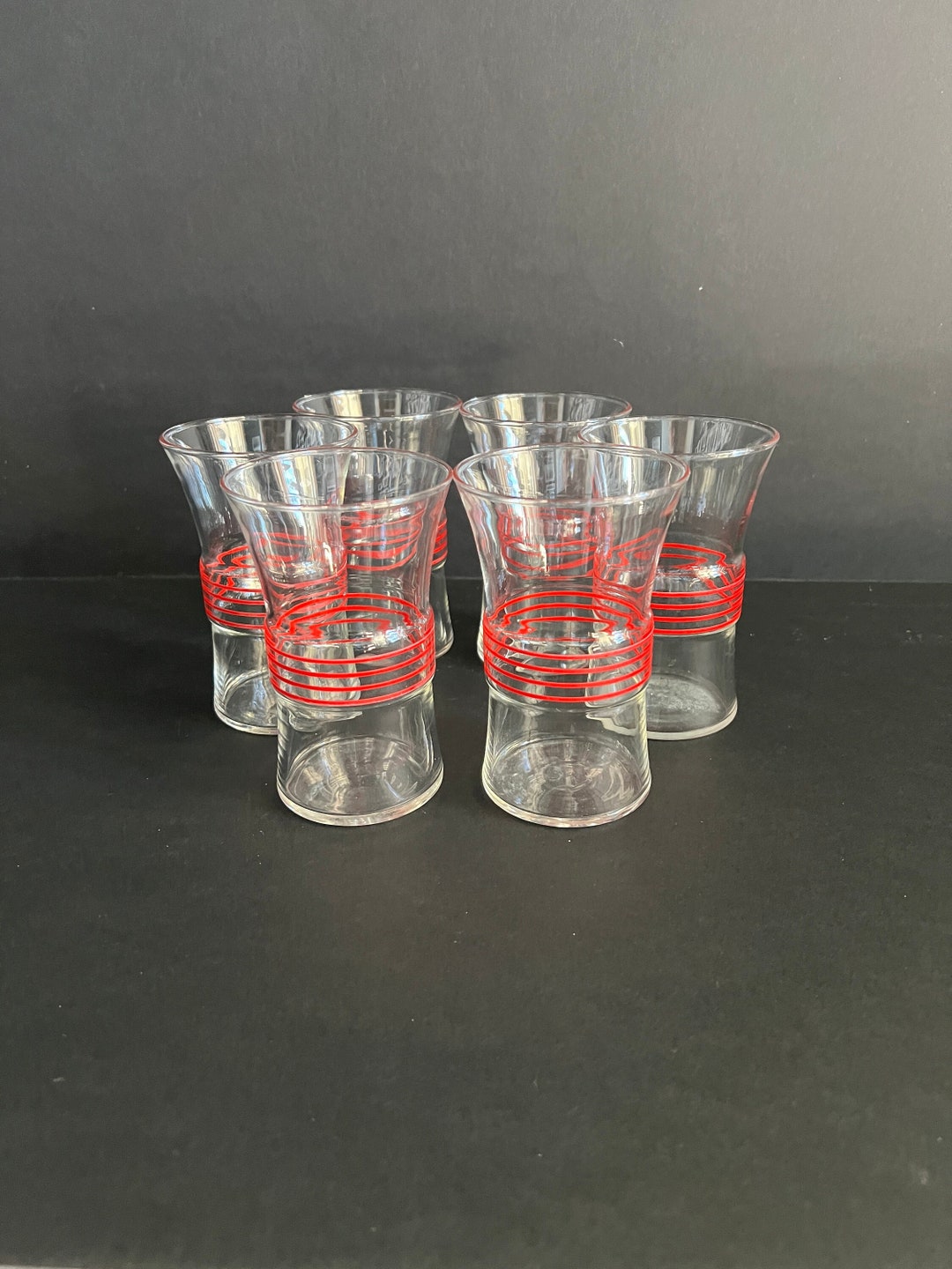 Mid Century Modern Red Striped Juice Glass Set of 6, Vintage Red Stripe ...