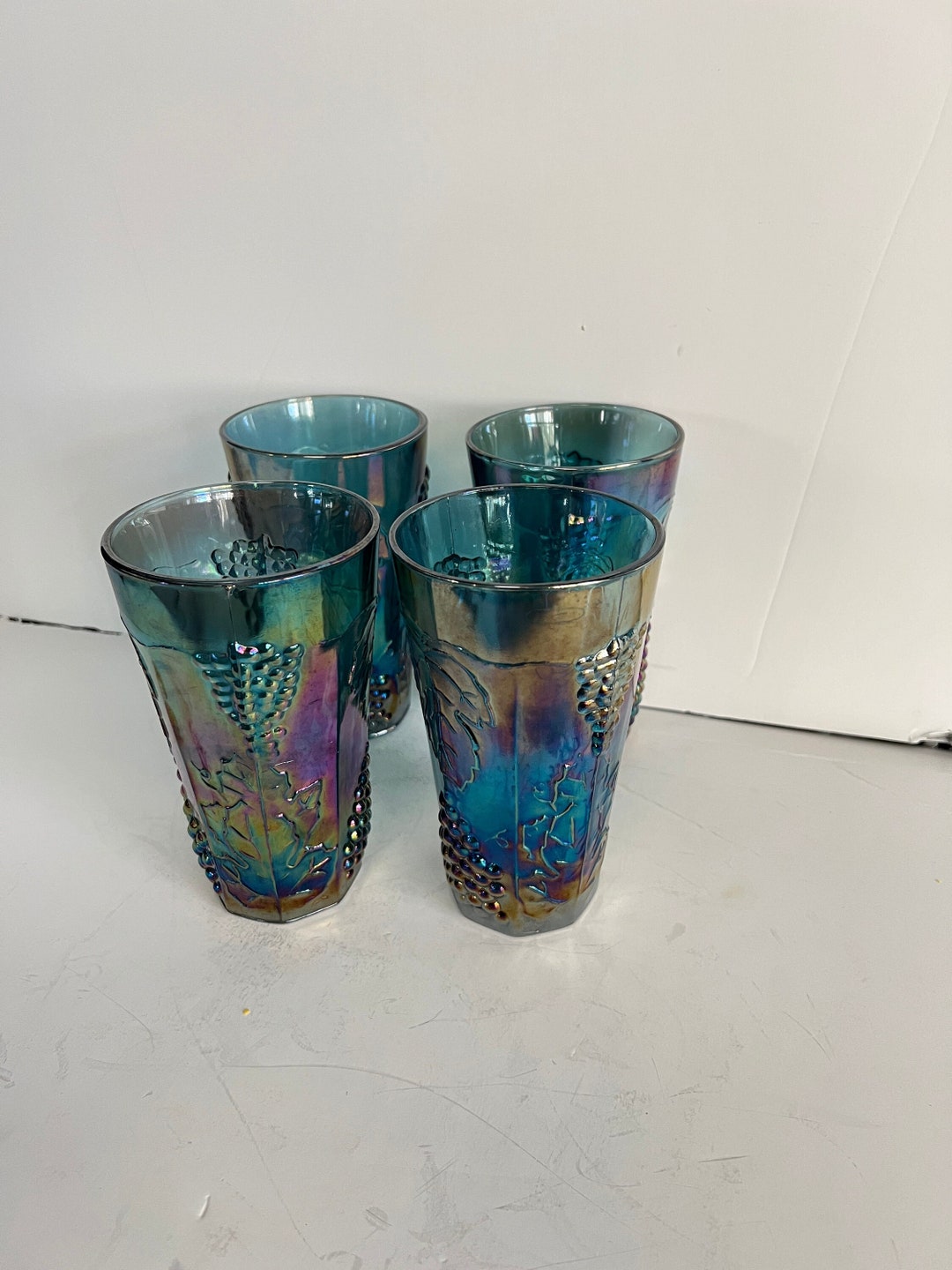 Vintage Carnival Glass Blue Harvest Grape Tumblers, Vintage Blue ...