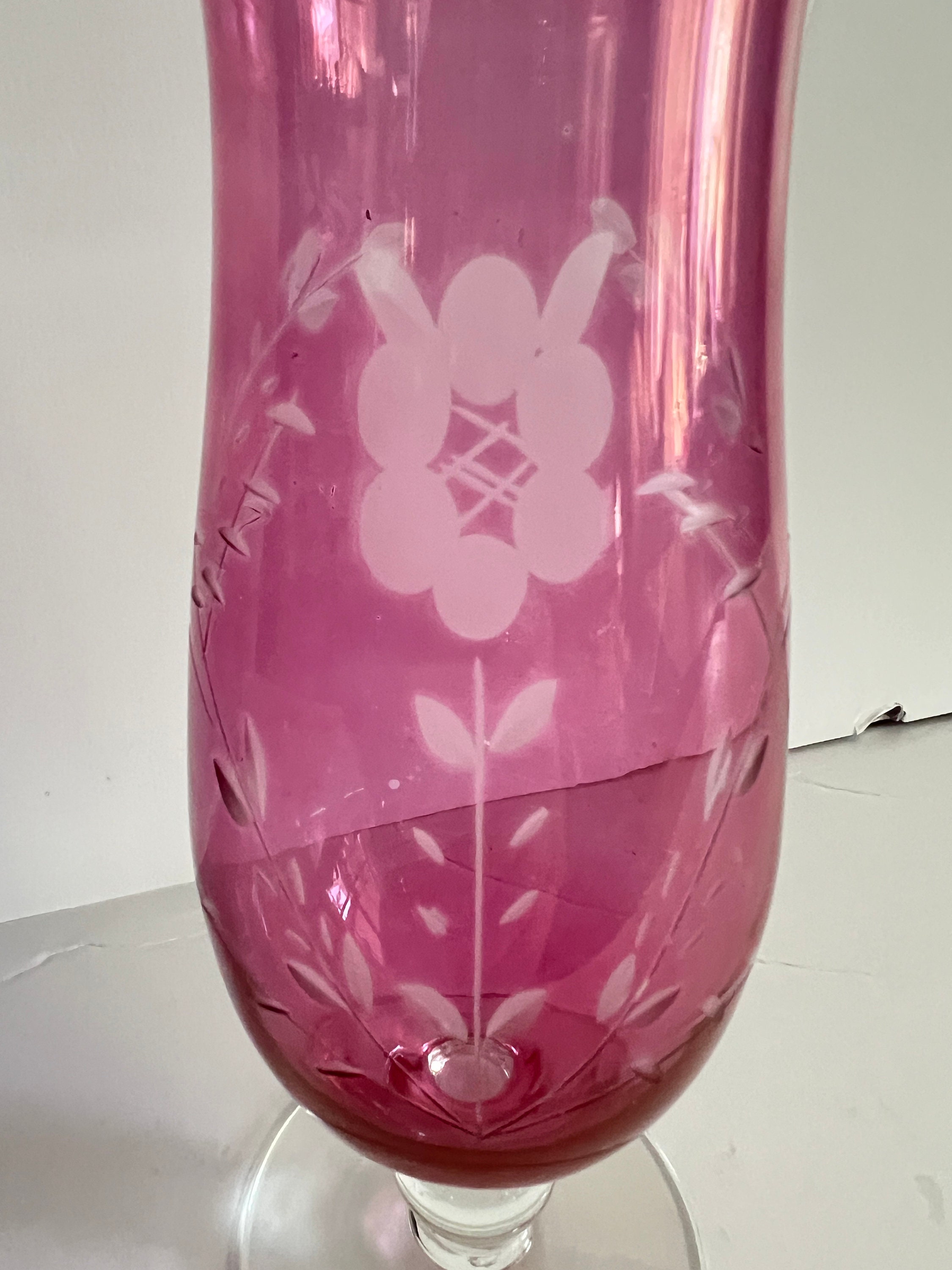 Vintage Cranberry Glass Etched Rose Vase Antique Cranberry - Etsy