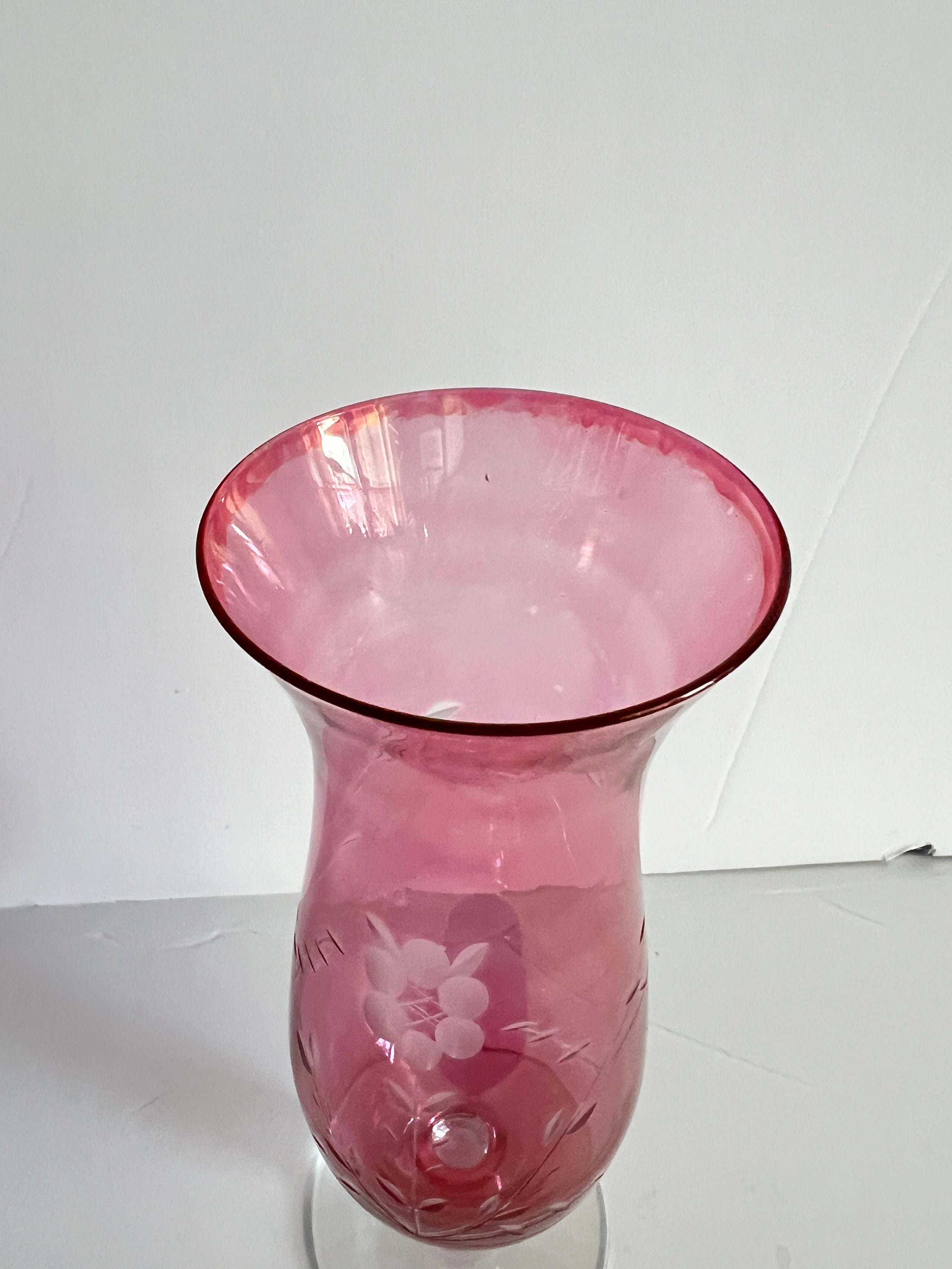 Vintage Cranberry Glass Etched Rose Vase Antique Cranberry - Etsy
