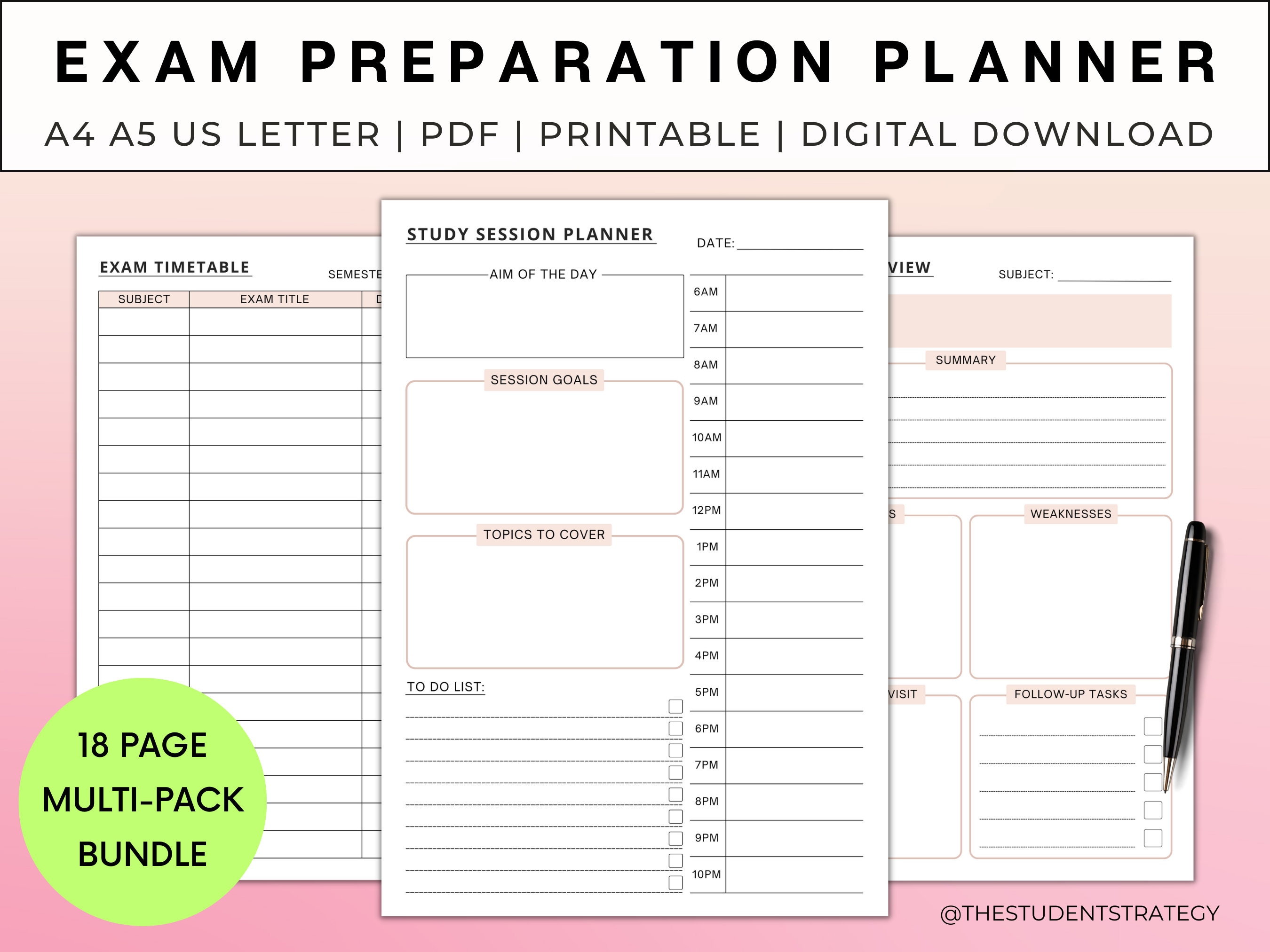 Student Exam Prep Planner Printable Exam Study Template College School ...