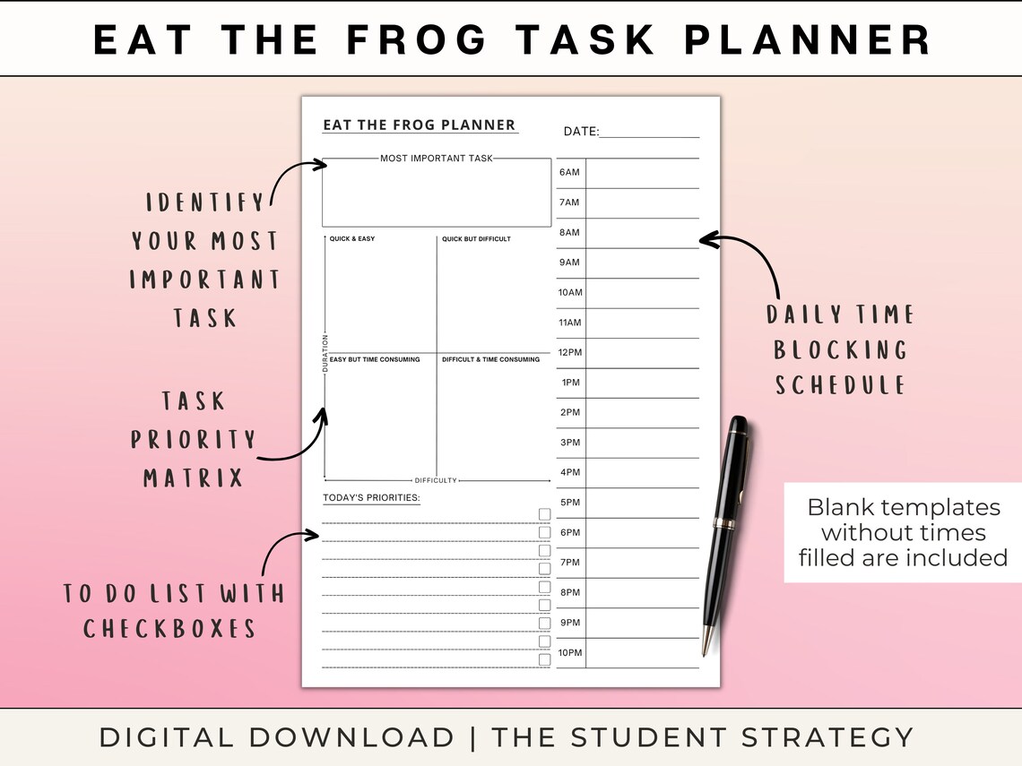 Eat the Frog | Daily Task Priority Planner | Hourly Time Blocking ...