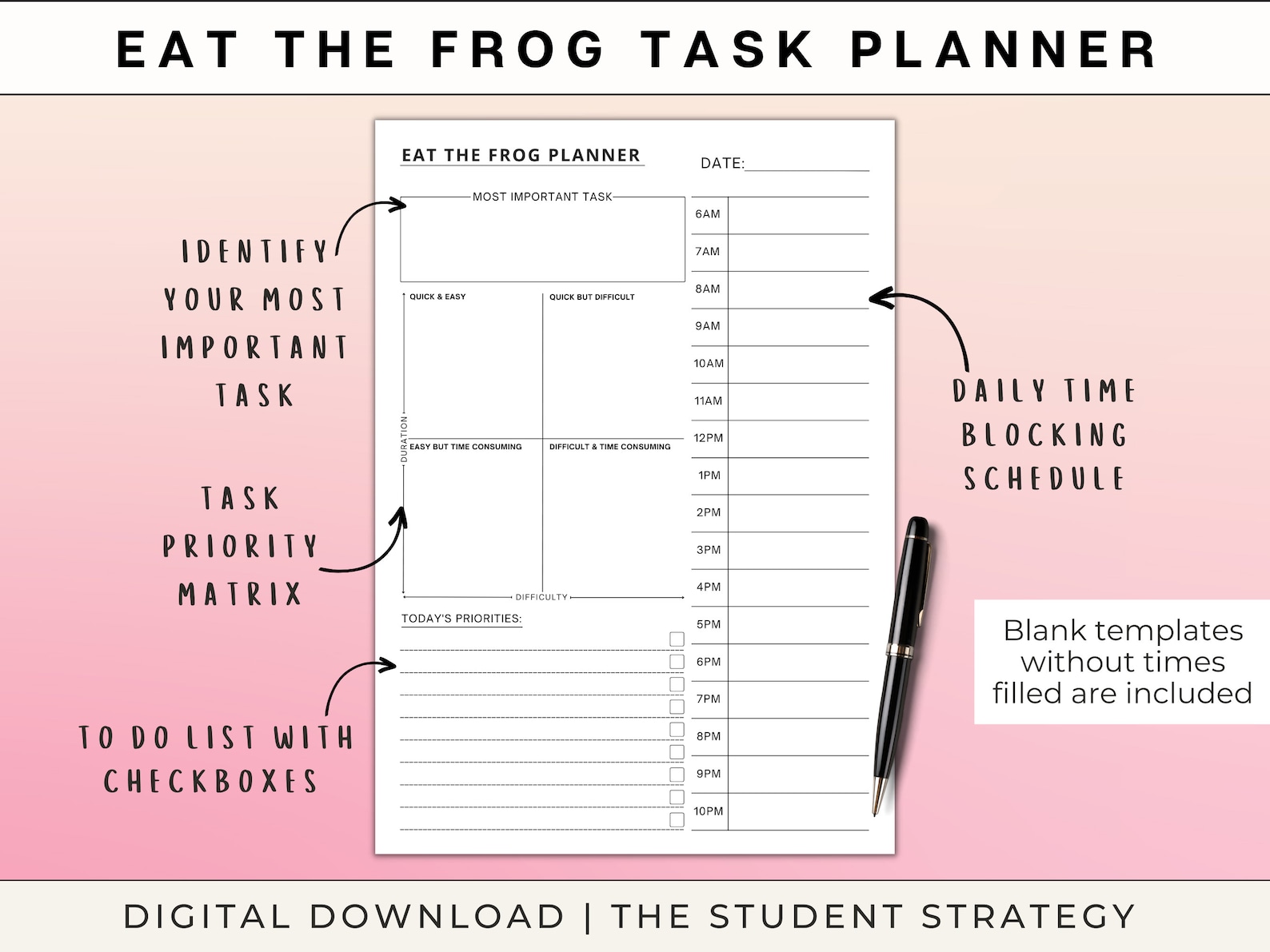 Eat the Frog | Daily Task Priority Planner | Hourly Time Blocking ...
