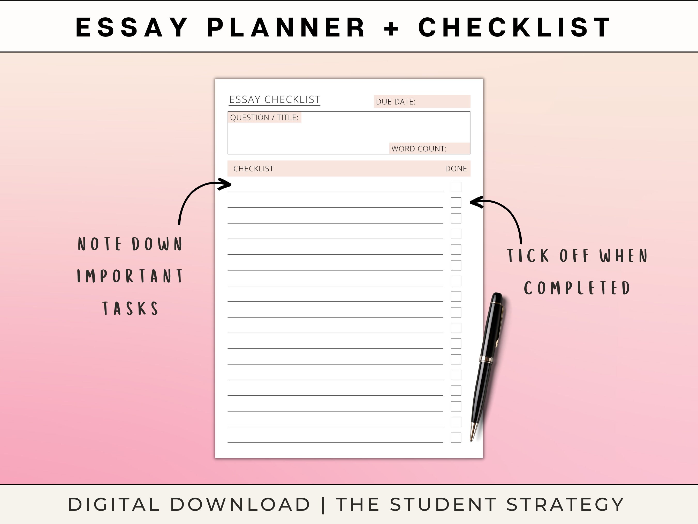 Simple Essay Planner & Checklist Printable Essay Writing Template for ...