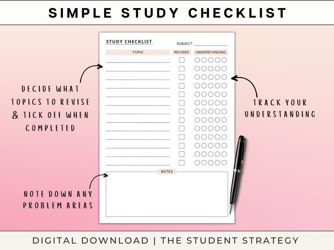 Simple Study Checklist for Students Printable Revision Checklist ...