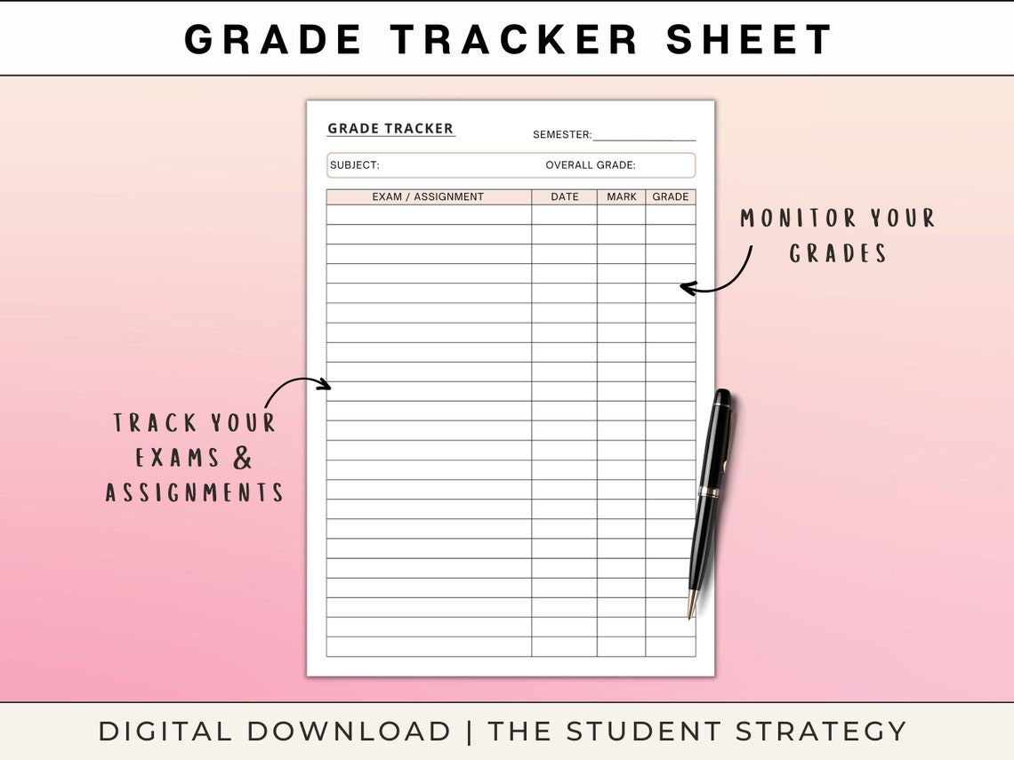 Simple Grade Tracker Printable Grade Sheet for Students College ...