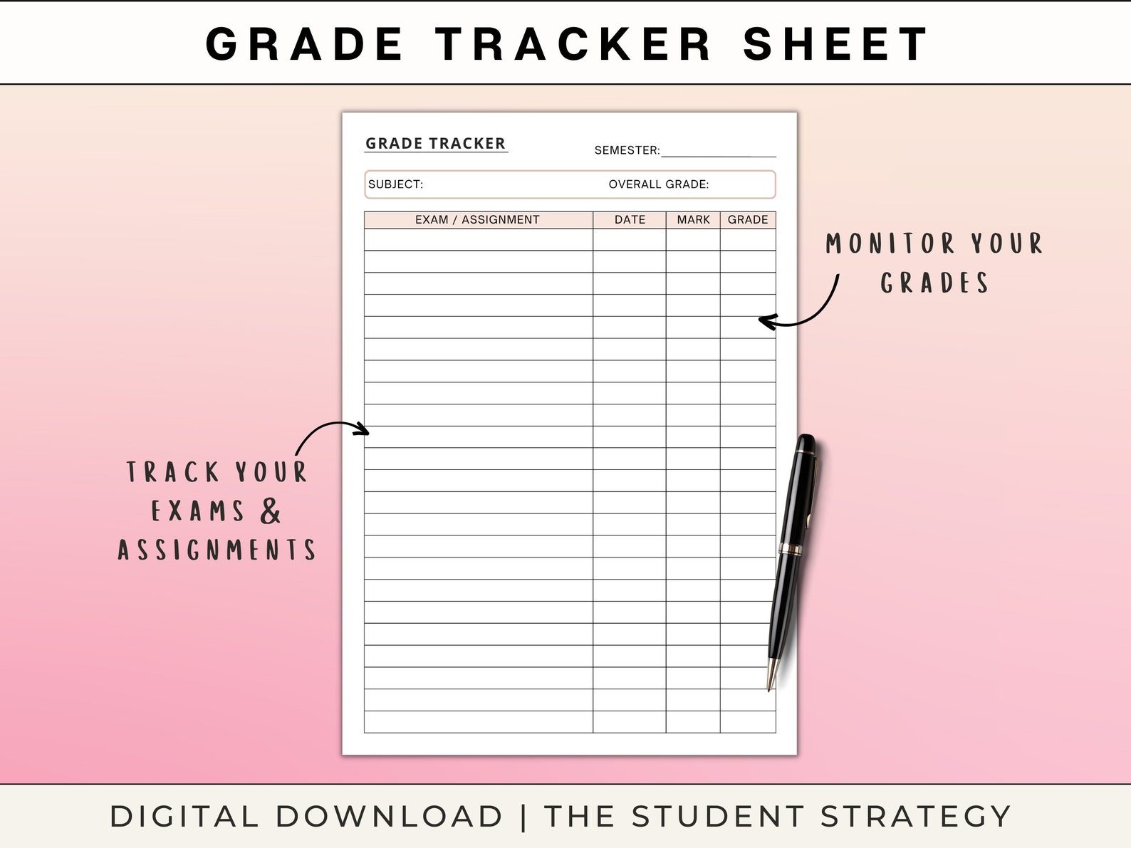 Simple Grade Tracker | Printable Grade Sheet for Students | College ...