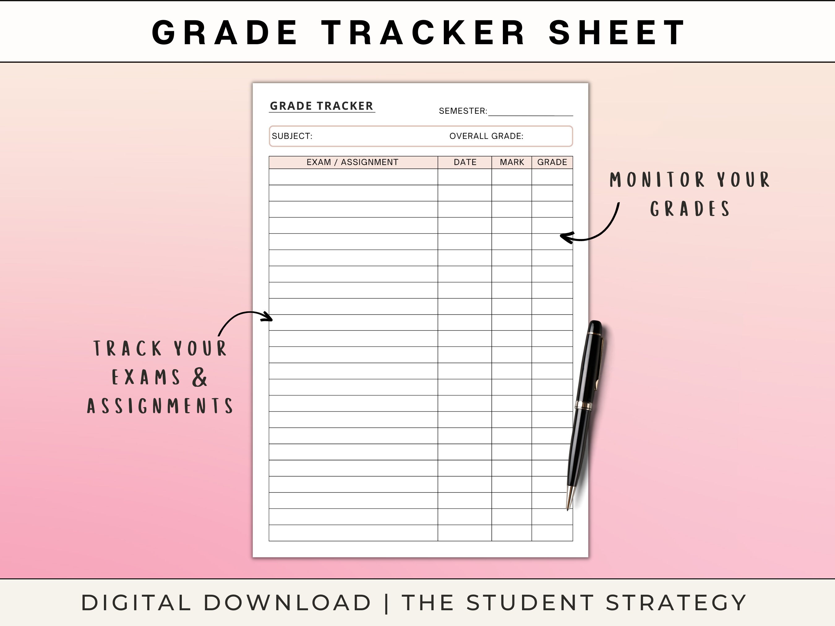 Simple Grade Tracker | Printable Grade Sheet for Students | College ...