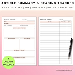 Article Summary & Reading Log Bundle Printable Research Paper Summary ...