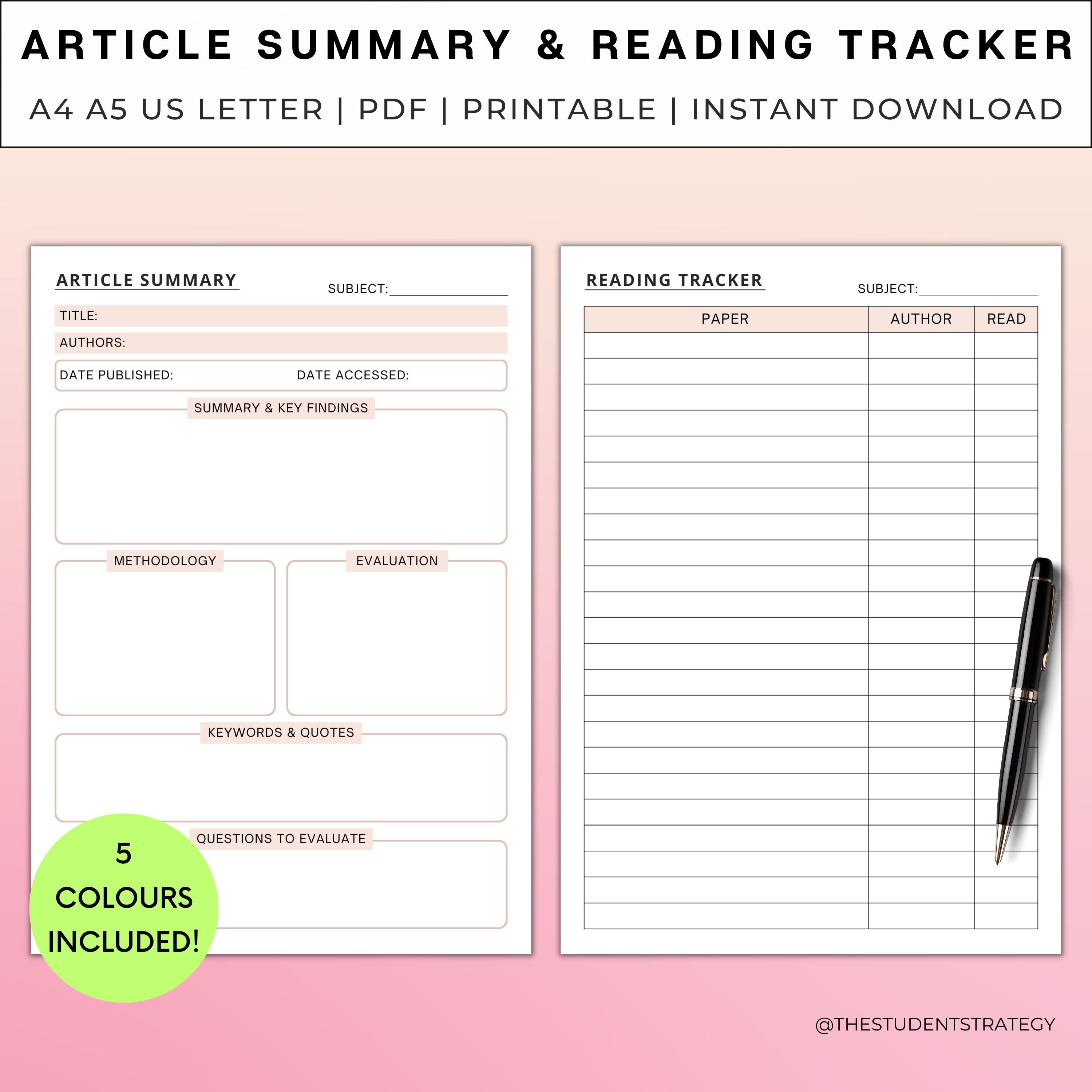 Article Summary & Reading Log Bundle Printable Research Paper Summary ...