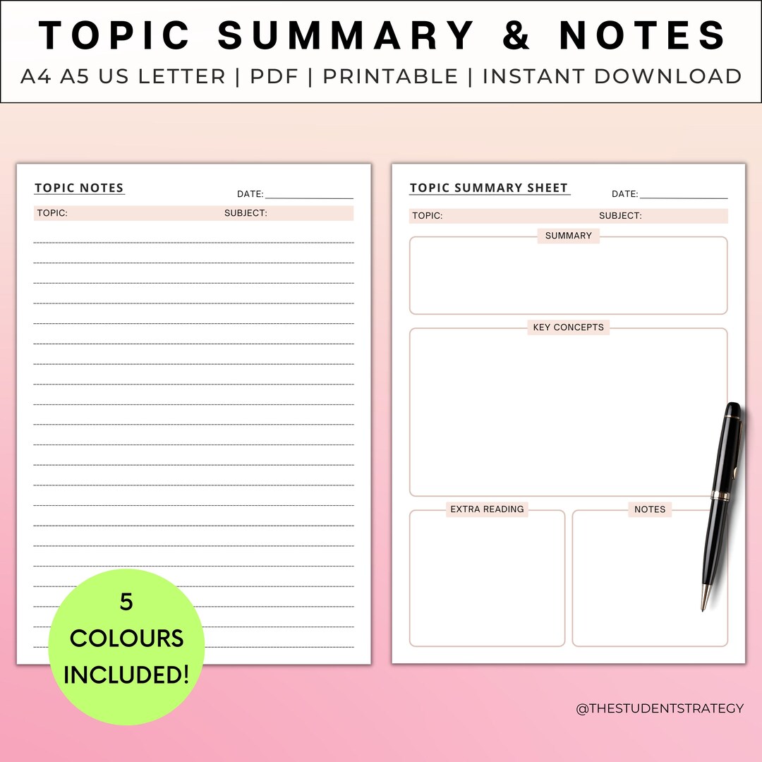 Simple Topic Summary & Note-taking Template | Printable Revision Sheet ...