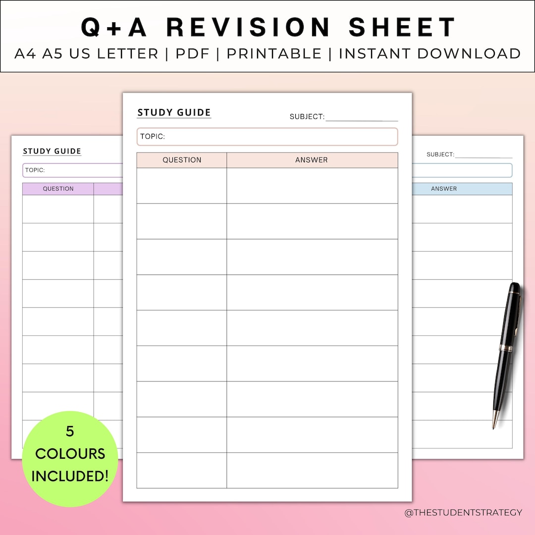 Simple Study Guide Revision Sheet Printable QA Revision Template for ...