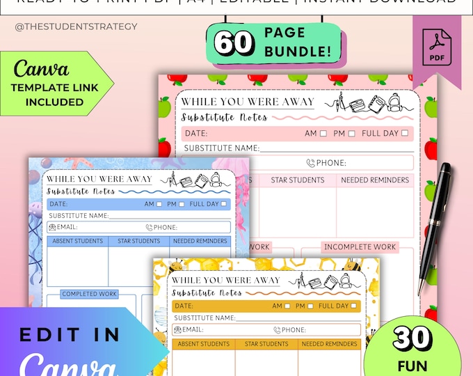Sub Teacher Template - While We're Out & Quick Note From the Sub ...