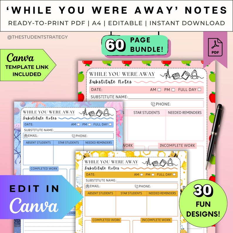 While You Were Away Substitute Teacher Notes | Printable Substitute ...