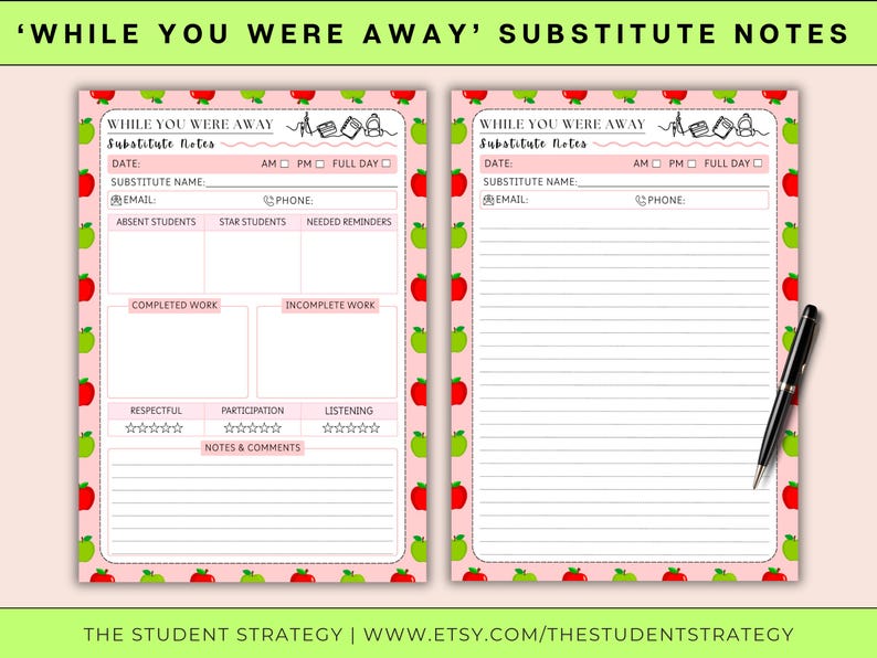 While You Were Away Substitute Teacher Notes | Substitute Teacher ...
