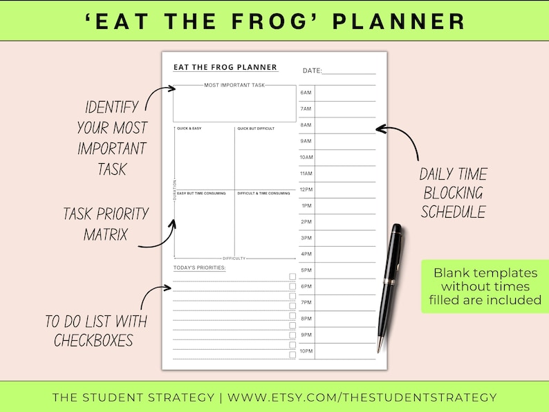 Eat the Frog | Daily Task Priority Planner | Hourly Time Blocking ...
