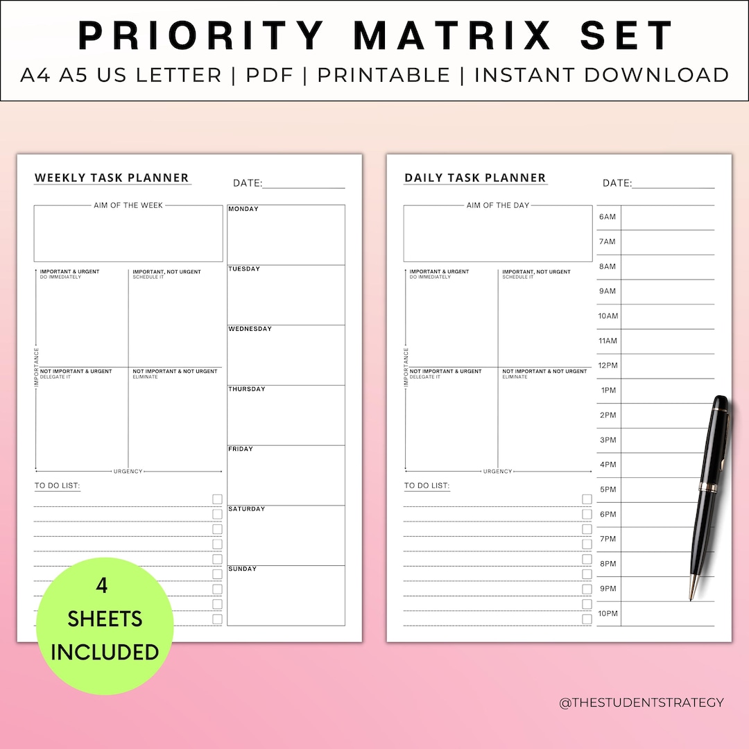 Task Priority Matrix Set | Daily & Weekly Priority Planner | Eisenhower ...