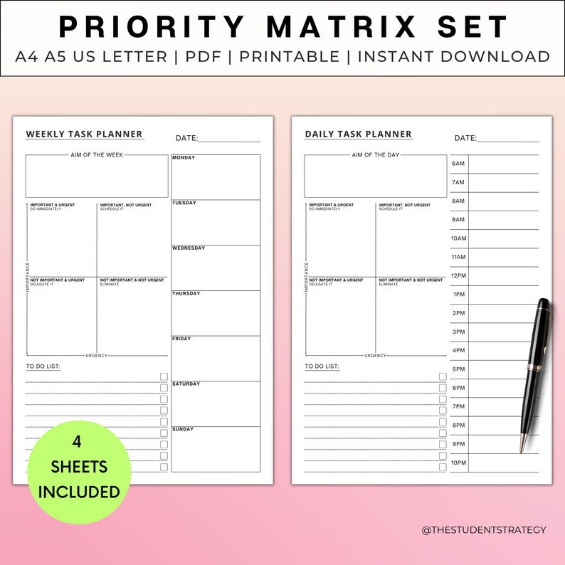 Task Priority Matrix Set | Daily & Weekly Priority Planner | Eisenhower ...