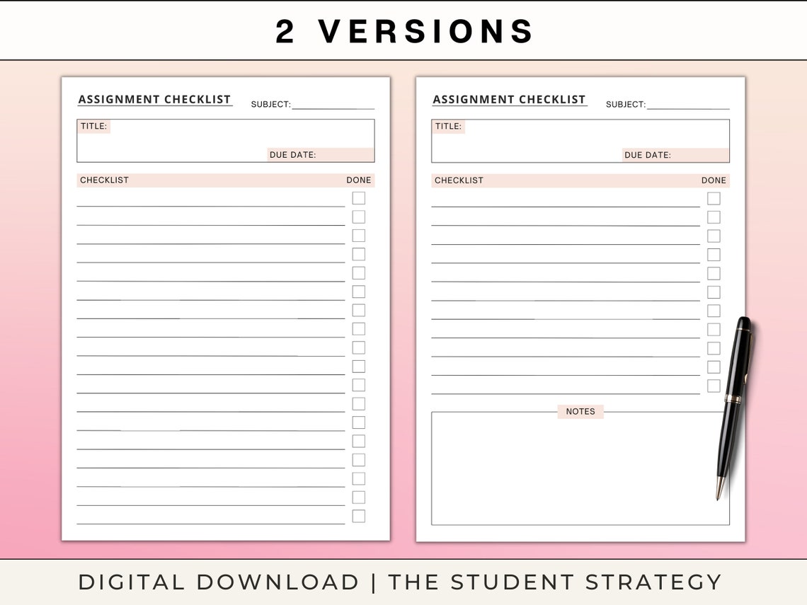 Simple Assignment Checklist for Students | Printable Assignment Planner ...