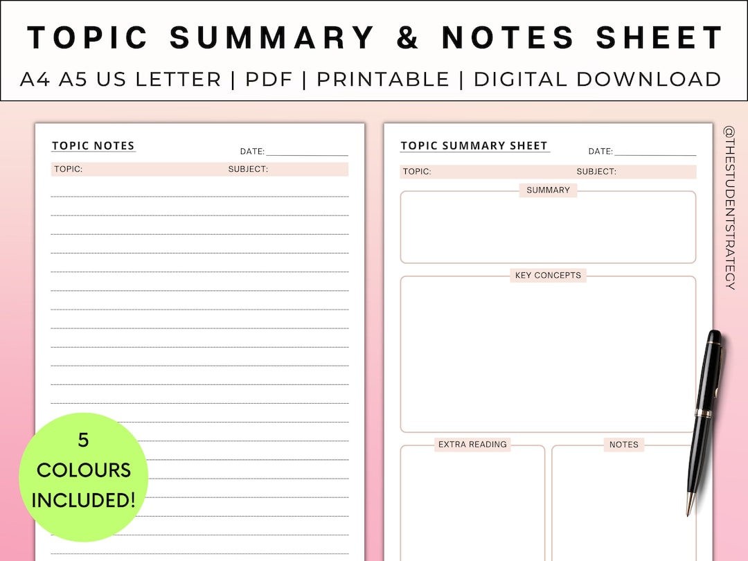 Simple Topic Summary & Note-taking Template Printable Revision Sheet ...