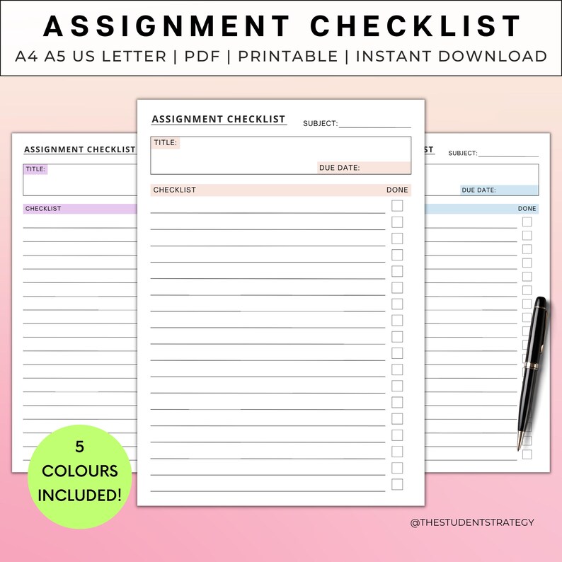 Simple Assignment Checklist for Students | Printable Assignment Planner ...