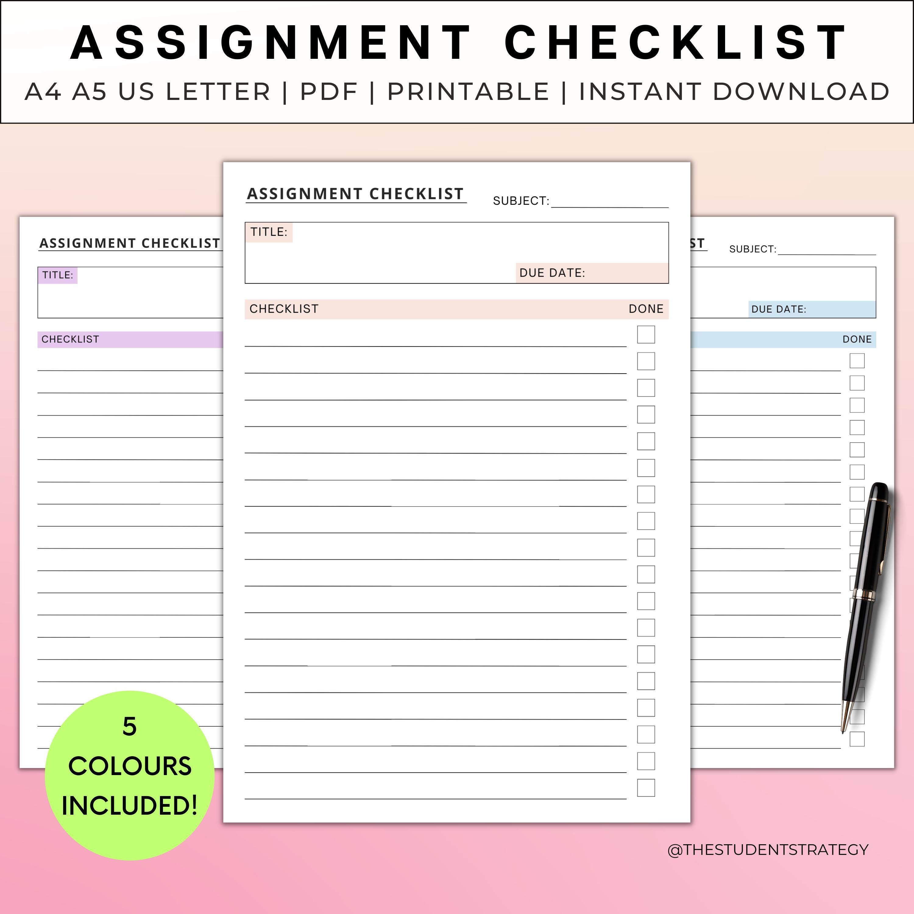 Simple Assignment Checklist for Students | Printable Assignment Planner ...