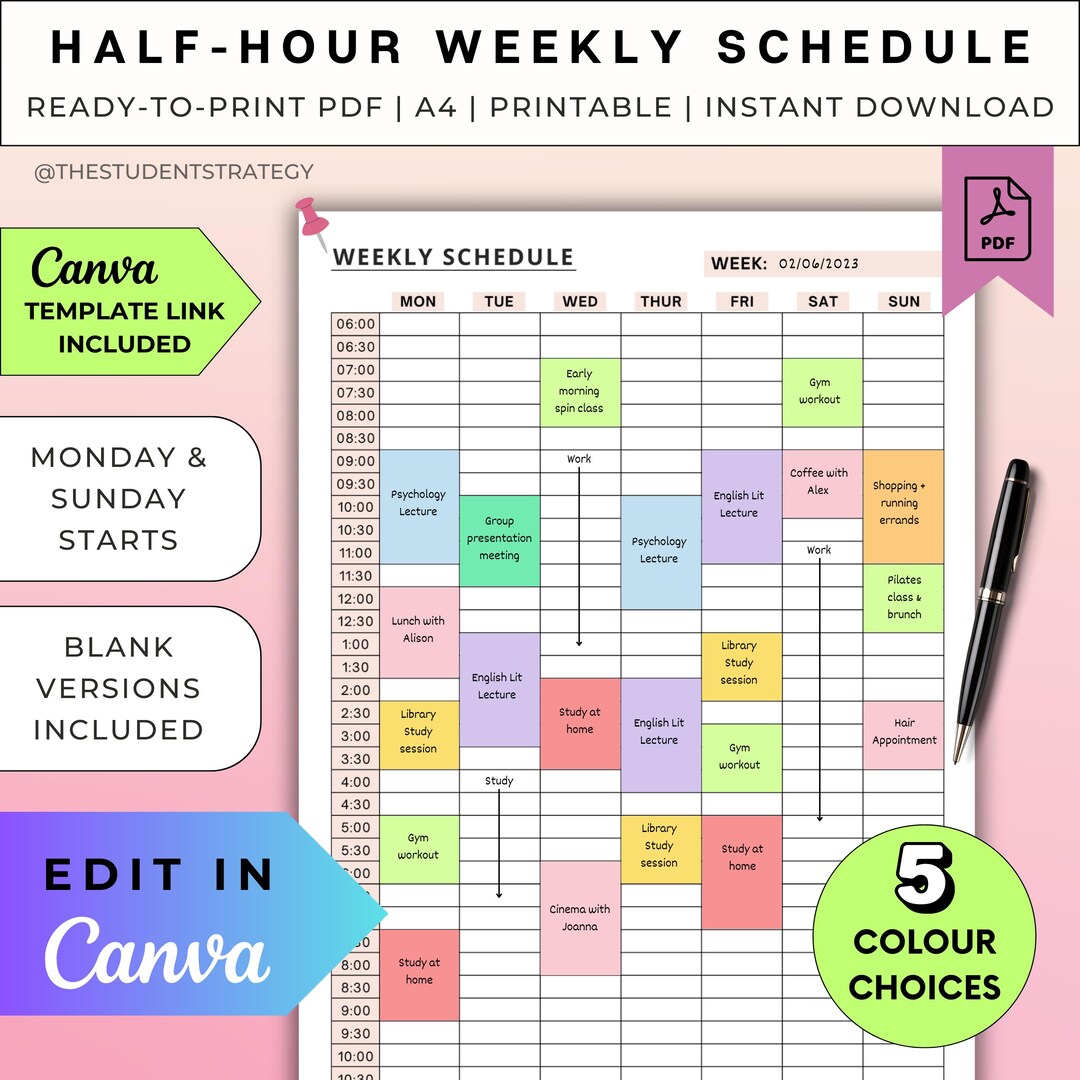Half-hour Weekly Schedule Template | Printable Weekly Planner | Time ...