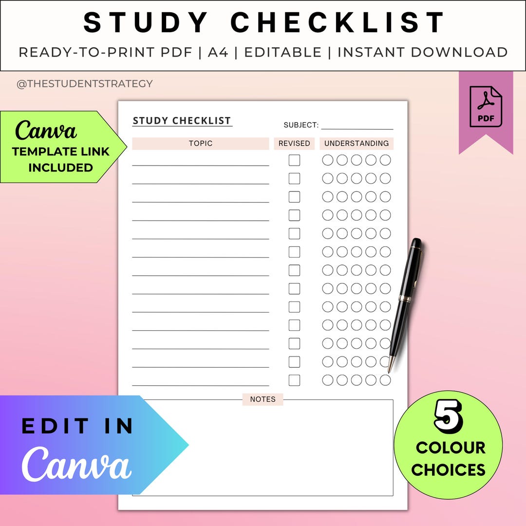 Simple Study Checklist for Students | Printable Revision Checklist ...